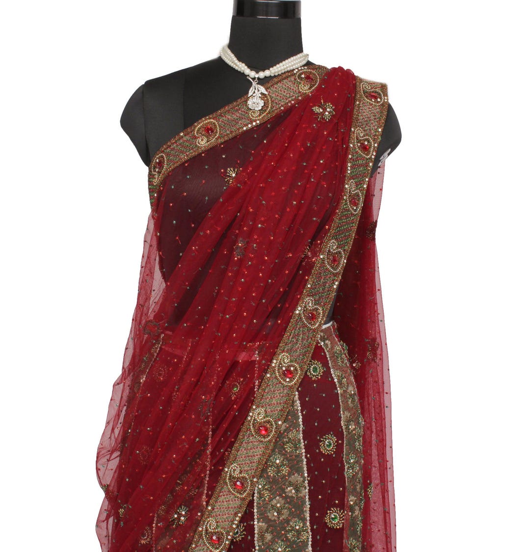 Sushila Vintage Maroon Saree Net Mesh Hand Beaded & Woven Floral Ready ...