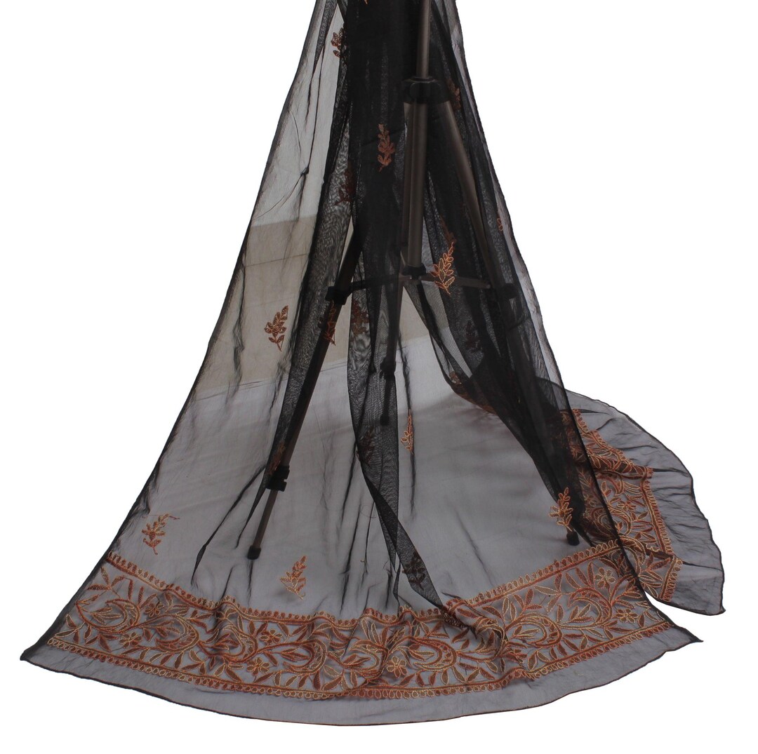 Sushila Vintage Black Indian Dupatta Net Mesh Hand Embroidered Long ...