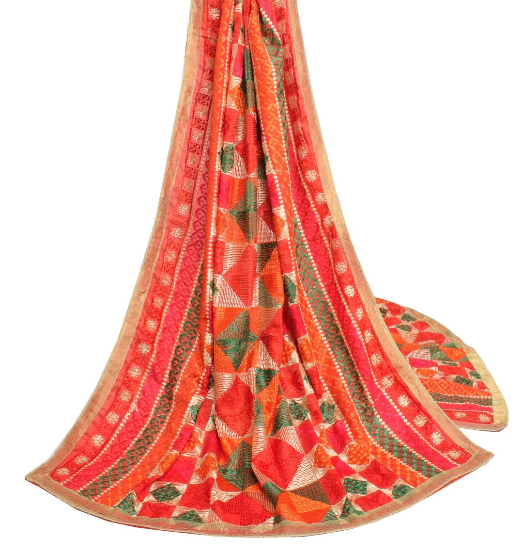 Sushila Vintage Bagh Phulkari Dupatta Art Silk Red Embroidered Indian ...