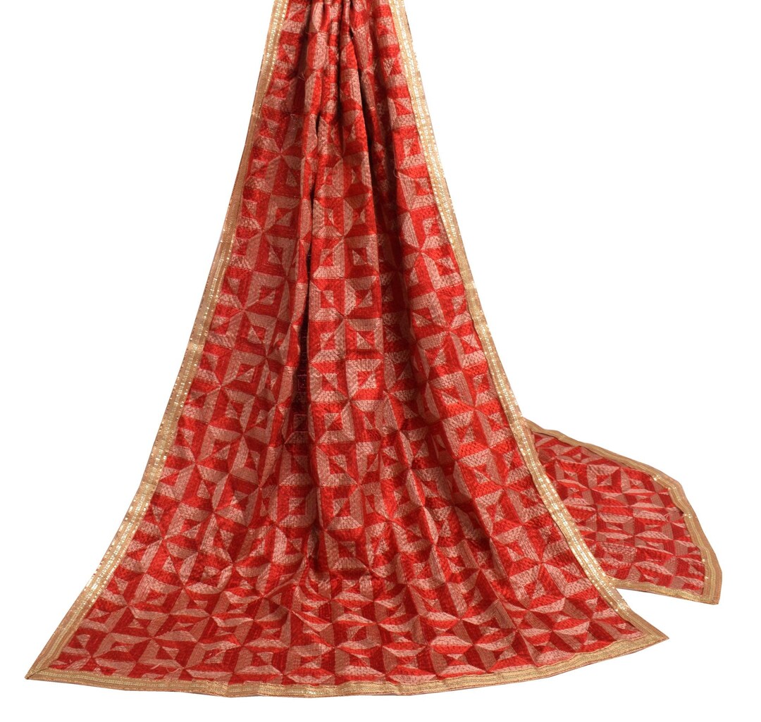 Sushila Vintage Red Dupatta Blend Silk Bagh Phulkari Embroidered HEAVY ...