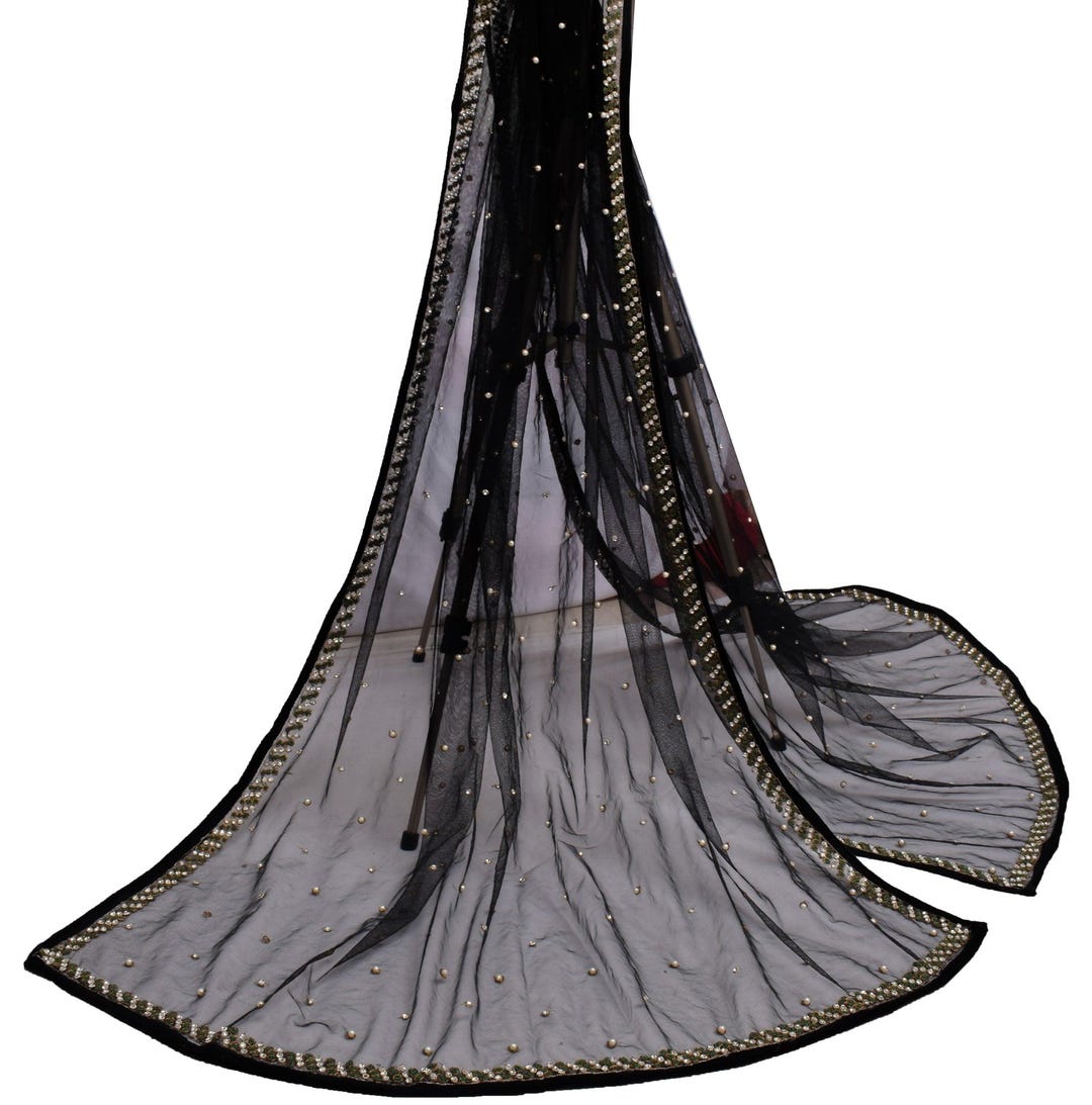 Sushila Vintage Black Indian Dupatta Net Mesh Hand Beaded Long Stole ...