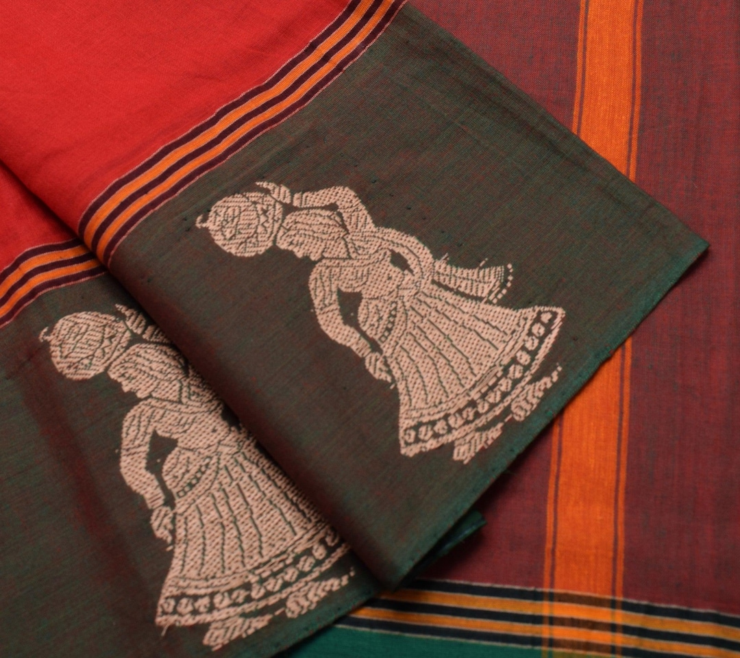 Sushila Vintage Baluchari Woven Saree 100%pure Cotton Red Soft Sari ...