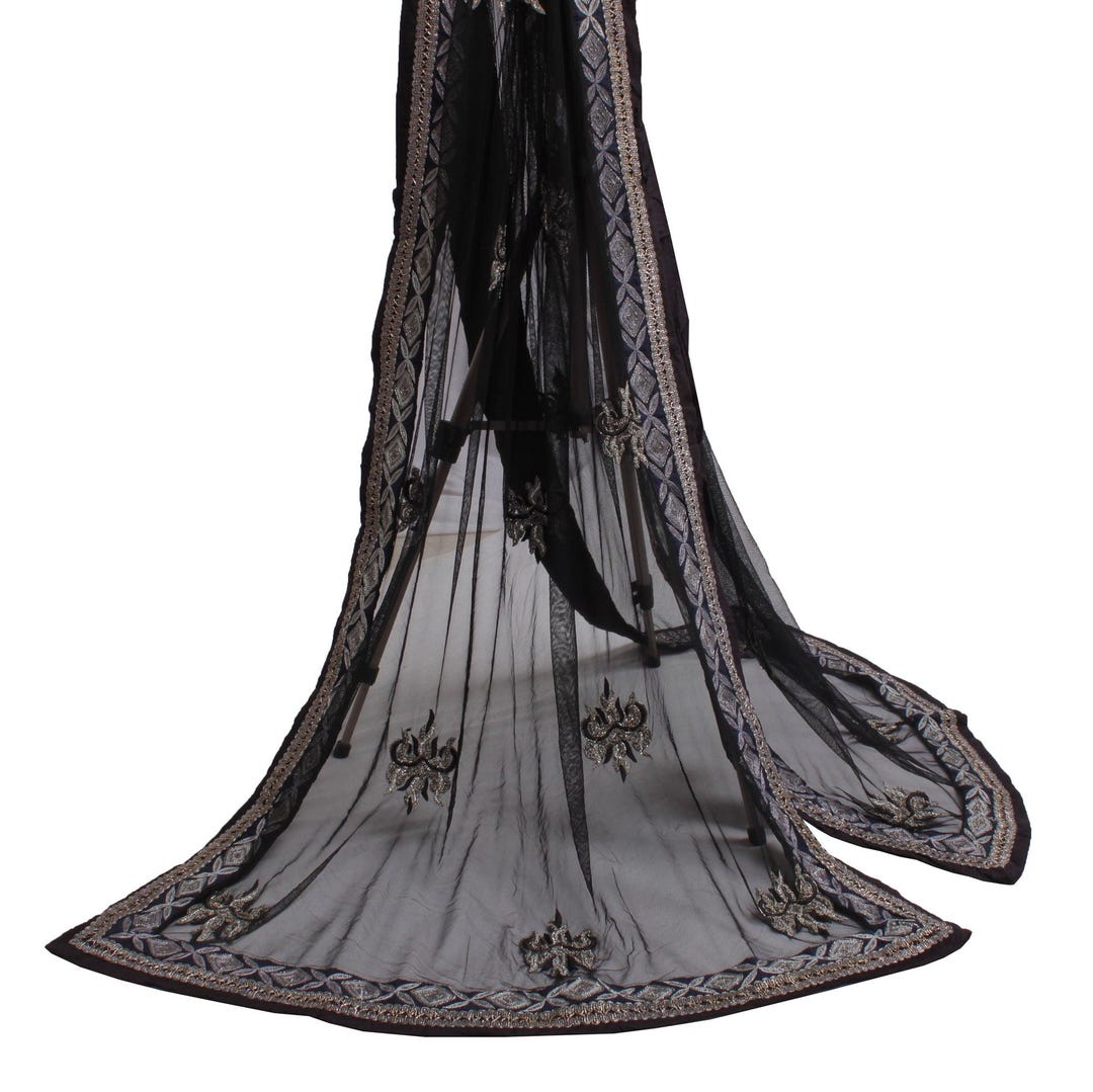 Sushila Vintage Black Indian Dupatta Net Mesh Hand Beaded Long Stole ...