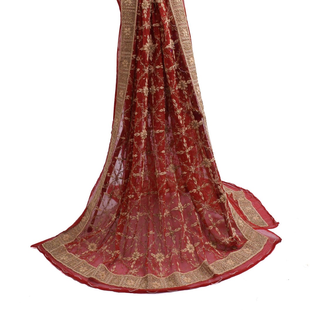 Sushila Vintage Red HEAVY Dupatta 100% Pure Chiffon Hand Beaded Long ...