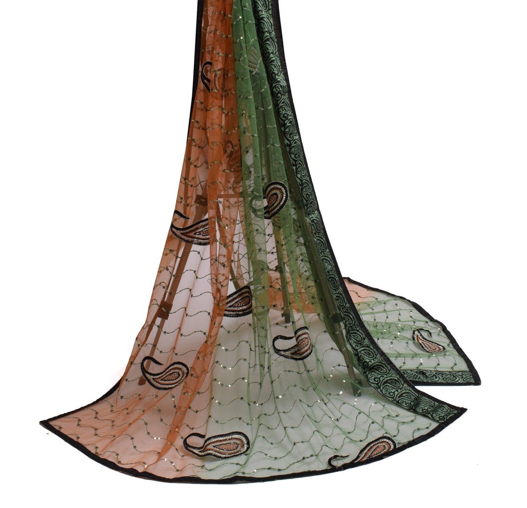 Sushila Vintage Indian Dupatta Net Mesh Embroidered Long Stole Scarves ...