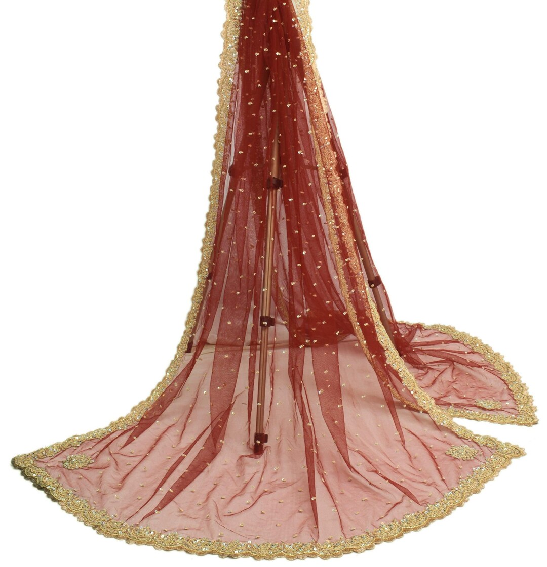 Sushila Vintage Maroon Indian Dupatta Net Mesh Hand Beaded Cutwork Long ...