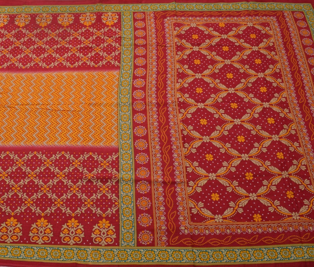 Sushila Vintage Red Saree 100% Pure Cotton Printed Floral 5 YD Soft ...