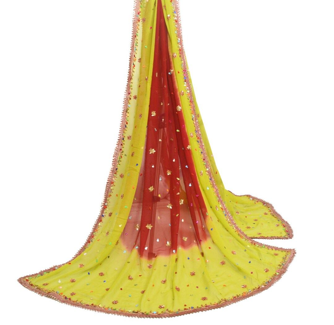 Sushila Vintage Green & Red Dupatta Pure Georgette Silk Hand Beaded ...