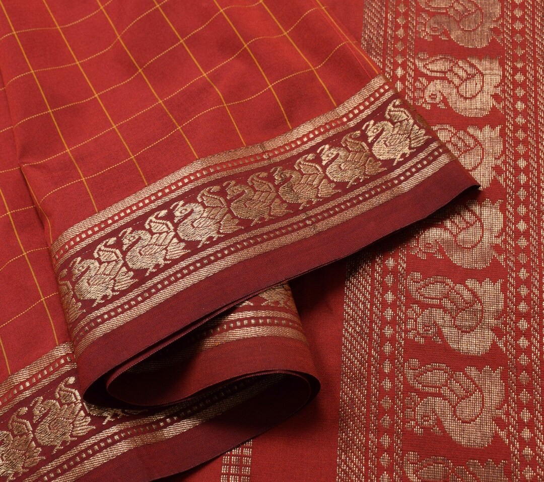 Sushila Vintage Red Saree With Gold Peacock Zari Broder Art Silk Sari ...