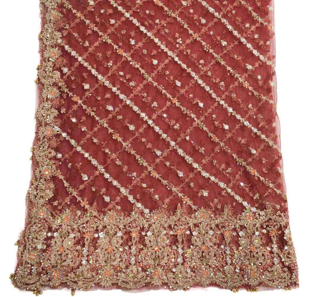 Sushila Vintage Maroon Bridal Dupatta Heavy Net Mesh Zardozi Work Long ...