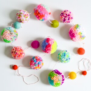 Pompom and Wool Felt Ball Garland, in Bright Rainbow Colors, for Home ...