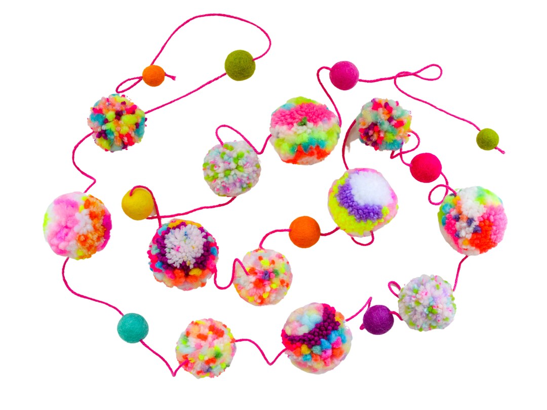 Pompom and Wool Felt Ball Garland, in Bright Rainbow Colors, for Home ...