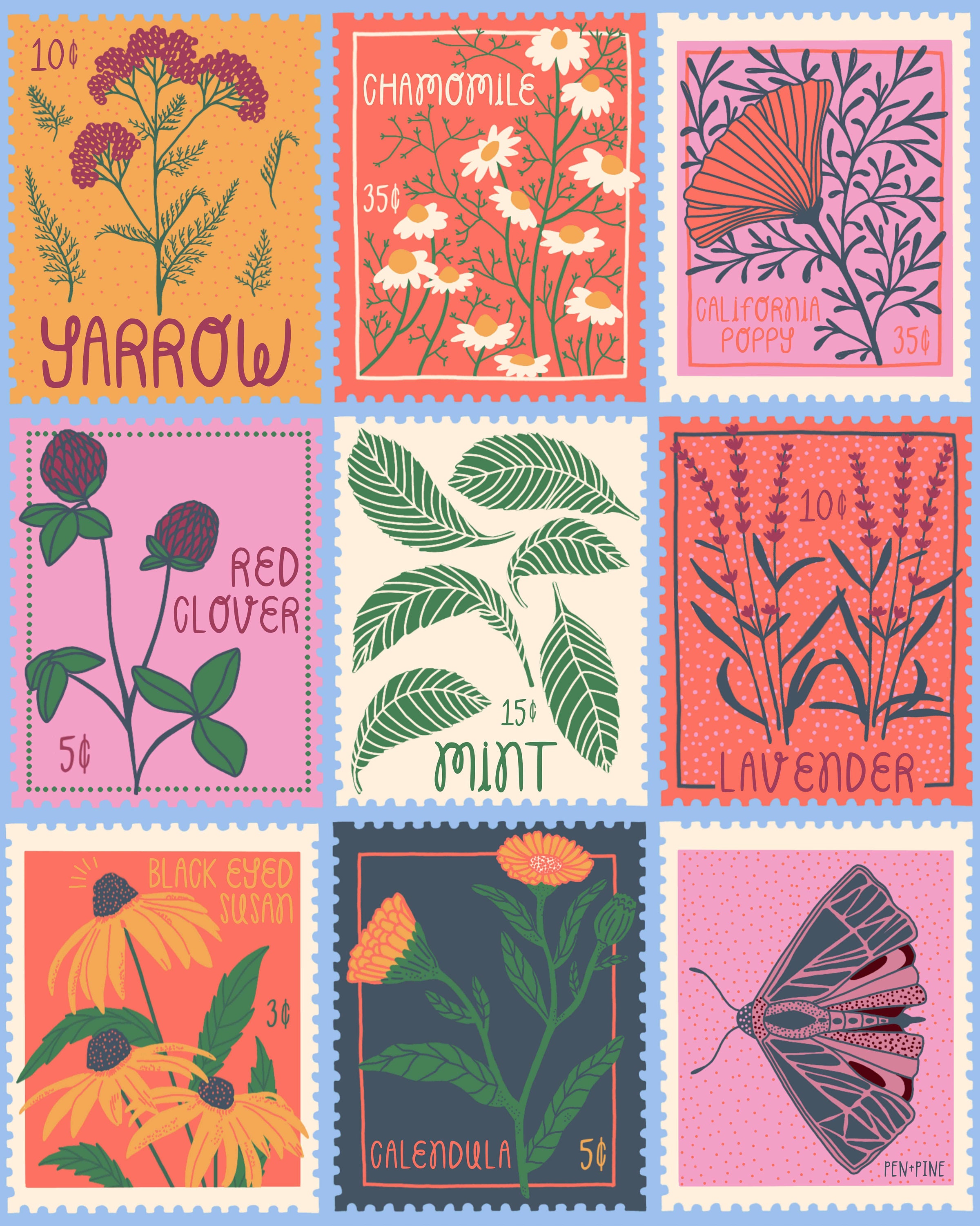 Wildflower Stamp Illustration - Vintage Stamp - Art Print - Etsy