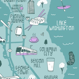 Seattle Map - Illustrated Map - Art Print - 8"x10" Print - Affordable ...