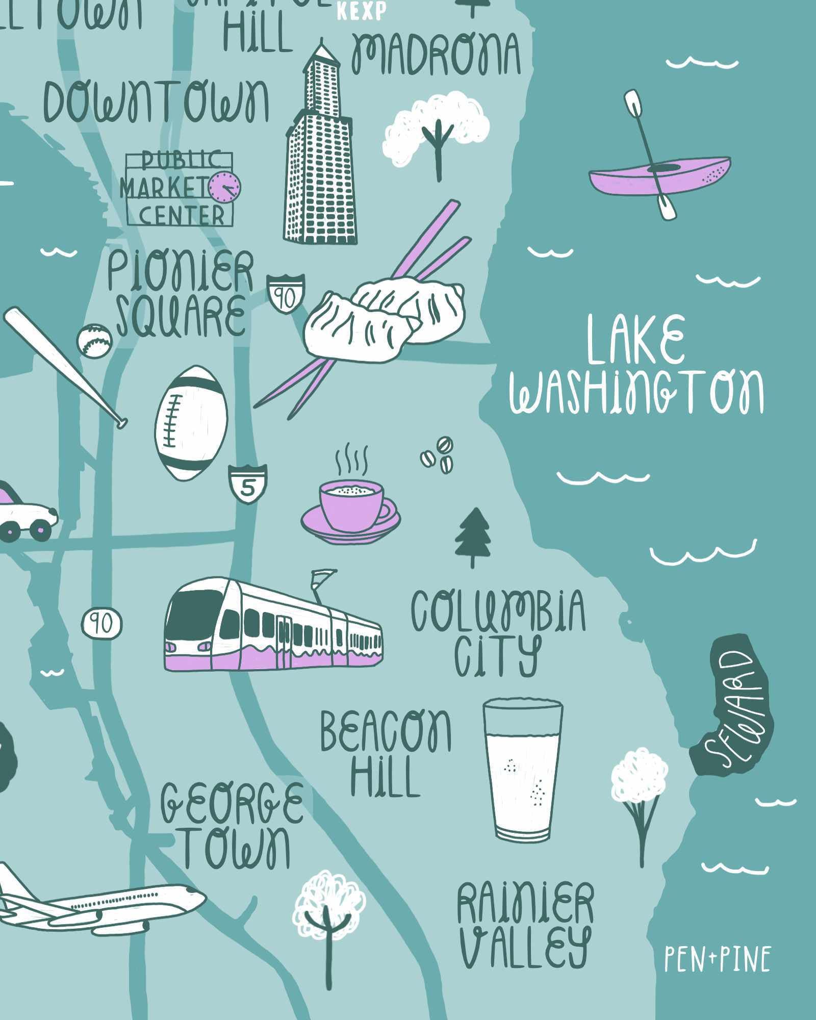 Seattle Map - Illustrated Map - Art Print - 8"x10" Print - Affordable ...
