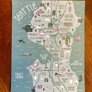 Seattle Map - Illustrated Map - Art Print - 8"x10" Print - Affordable ...