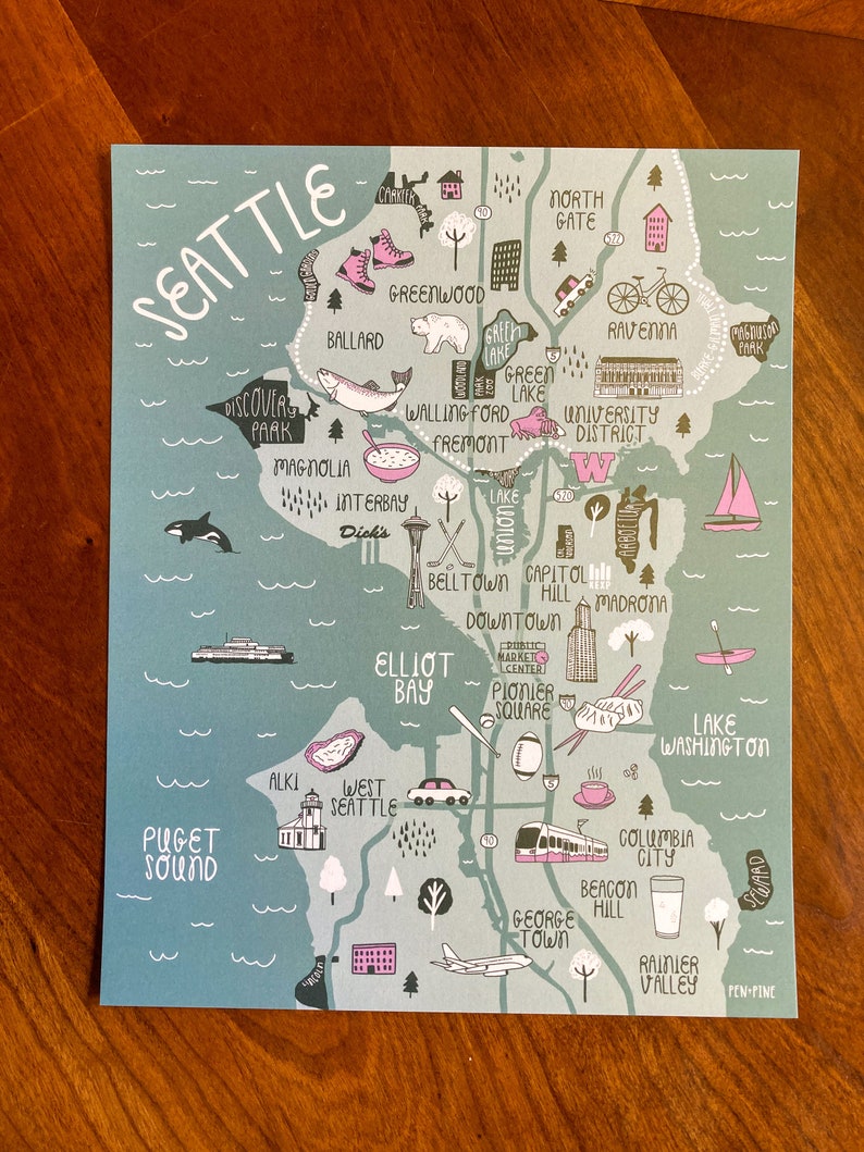 Seattle Map - Illustrated Map - Art Print - 8"x10" Print - Affordable ...