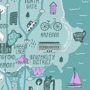 Seattle Map - Illustrated Map - Art Print - 8"x10" Print - Affordable ...
