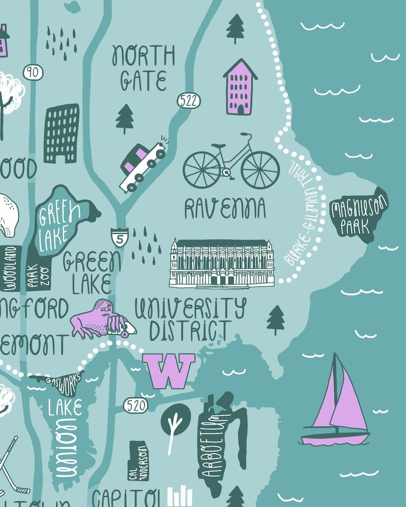 Seattle Map Illustrated Map Art Print 8x10 - Etsy
