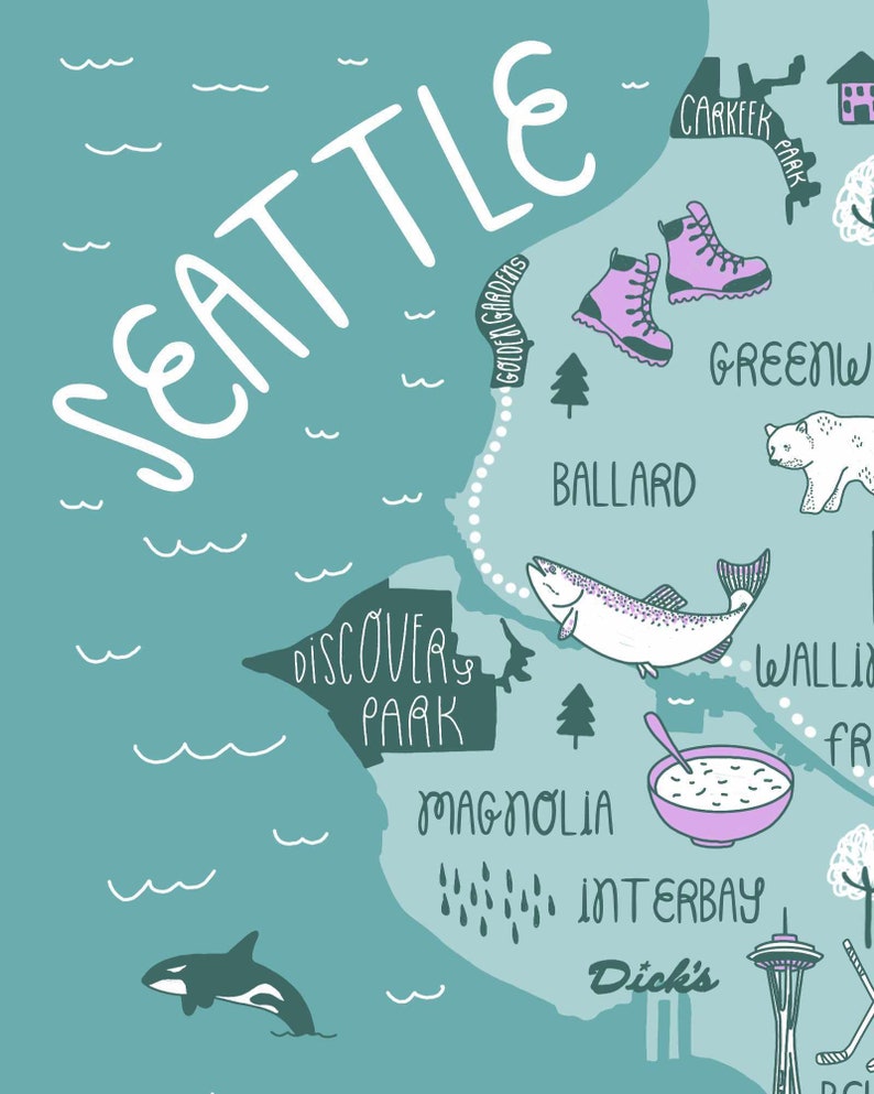 Seattle Map Illustrated Map Art Print 8x10 - Etsy