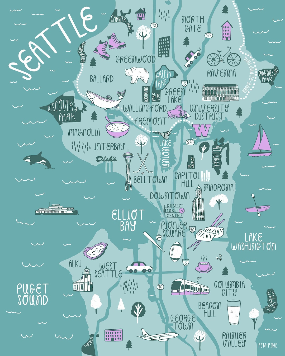 Seattle Map - Illustrated Map - Art Print - 8"x10" Print - Affordable ...