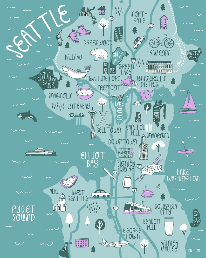 Seattle Map Illustrated Map Art Print 8x10 - Etsy