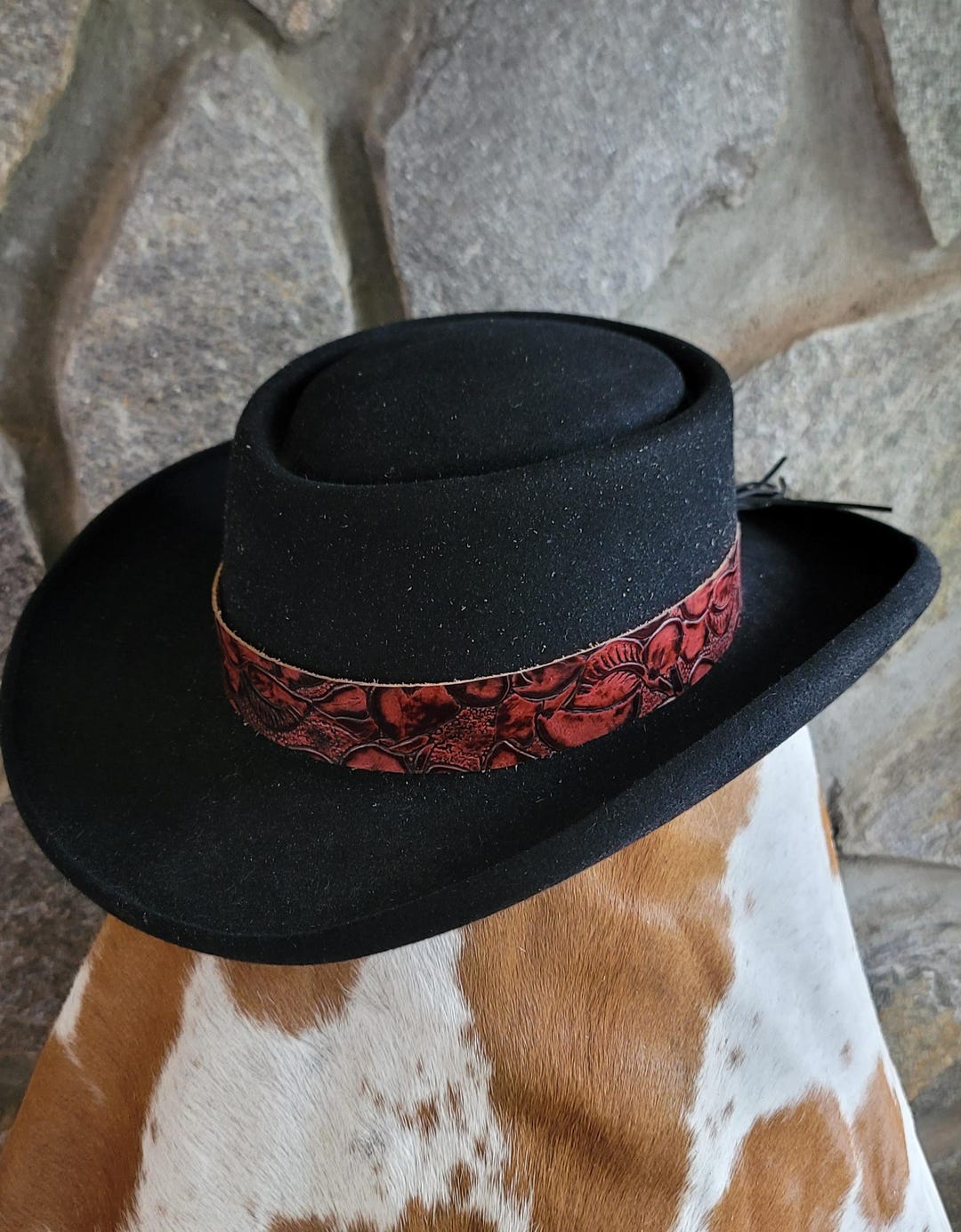 Lovely Red & Black Embossed Tooled Leather Hatband Hat Band Men Ladies ...