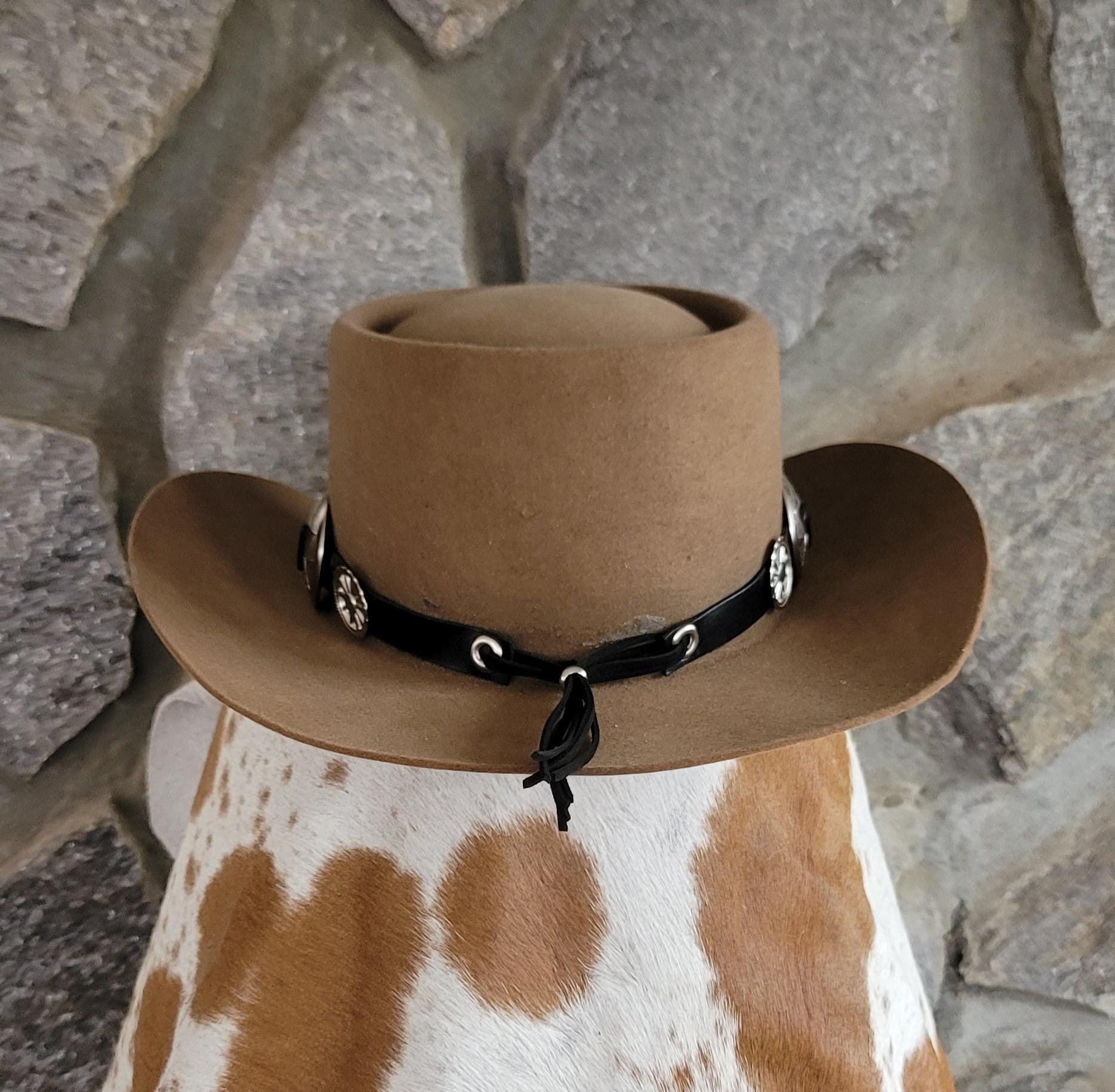 Black Genuine Leather Silver Star Conchos Western Hat Band Hatband ...