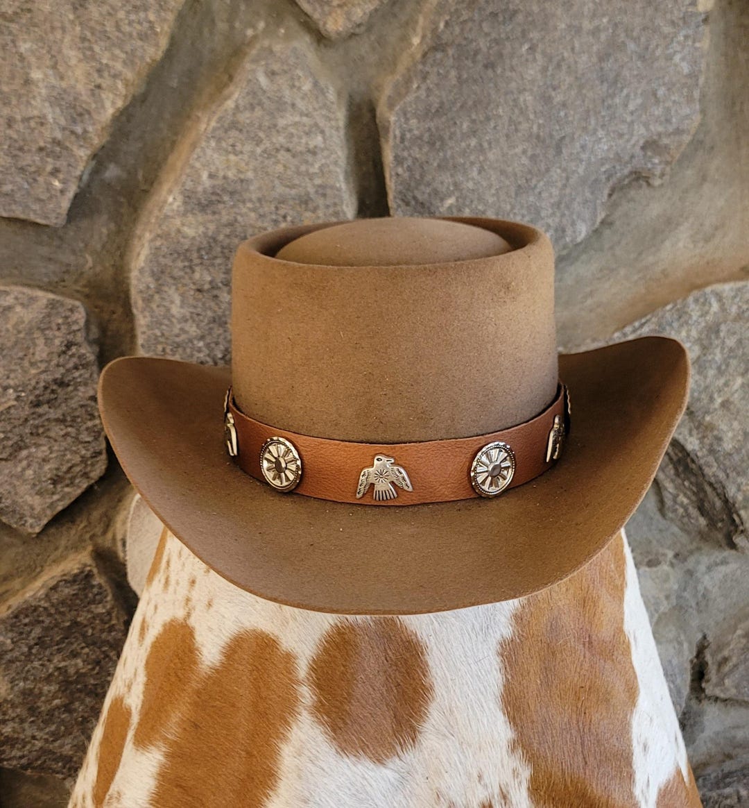 Brown Genuine Leather Silver Conchos THUNDERBIRD Firebird Western Hat ...
