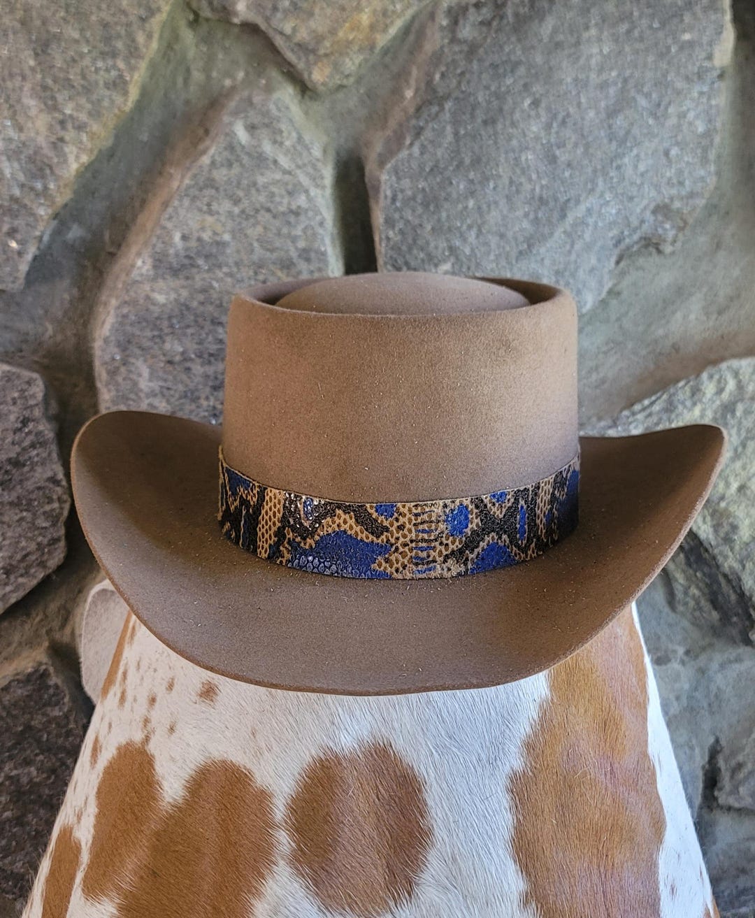 Natural Python Snakeskin Print Black & Taupe Blue Leather Hatband Hat ...