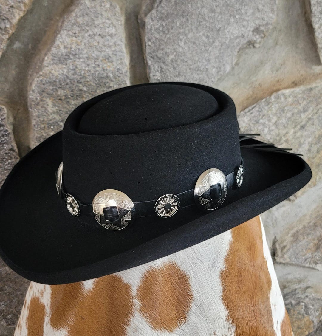 Black Genuine Leather Silver Star Conchos Western Hat Band Hatband ...