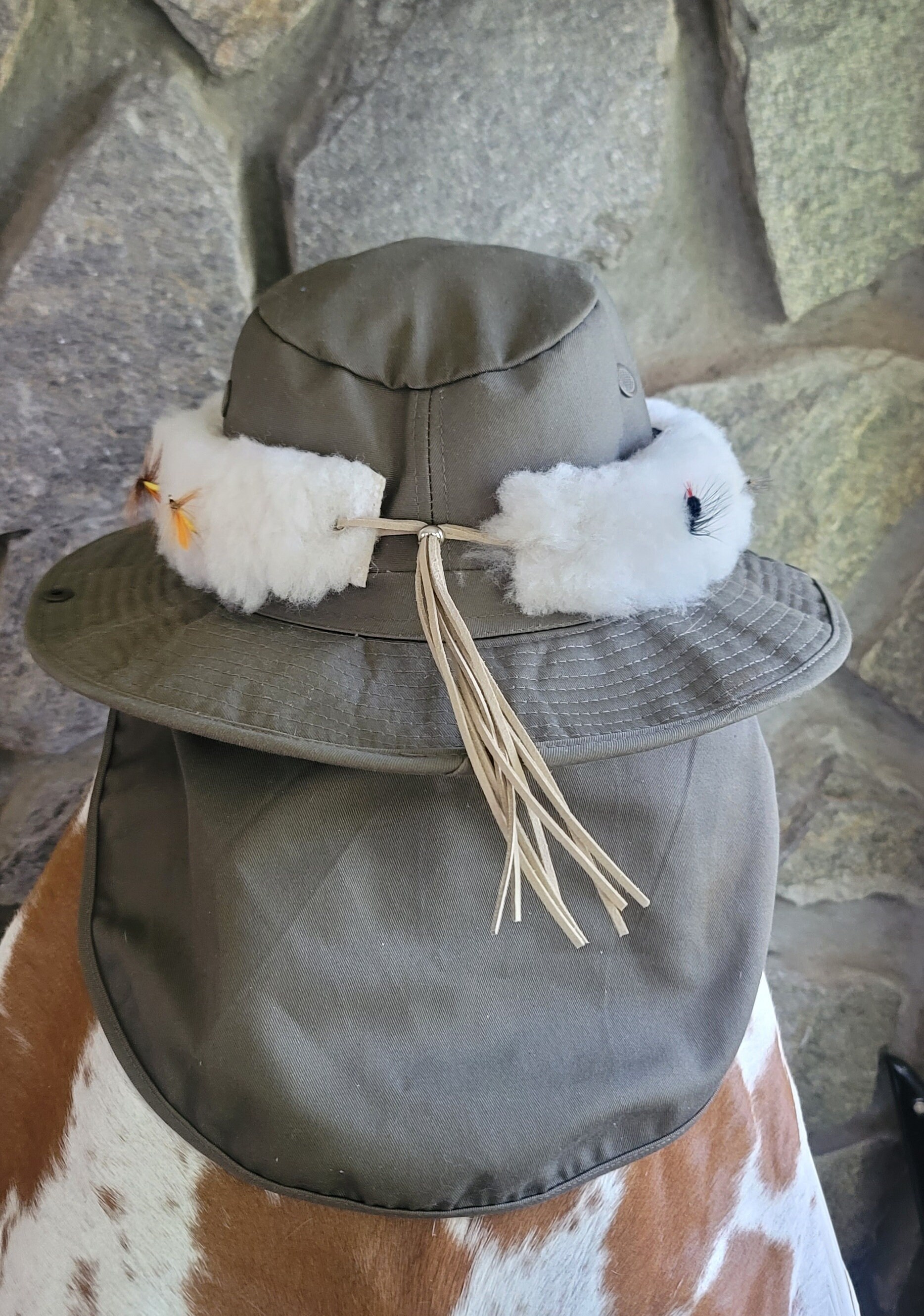 WHITE Leather Sheep Skin FISHING Lure Hatband Hat Band With Genuine ...