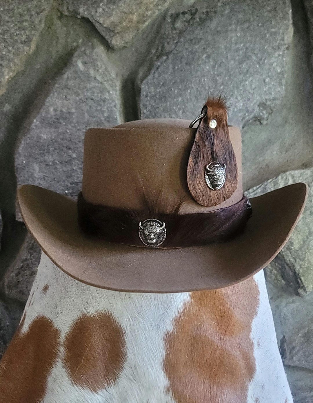 Brown Furry Hairy Leather Hair on Cowhide BUFFALO Conchos Western Hat ...