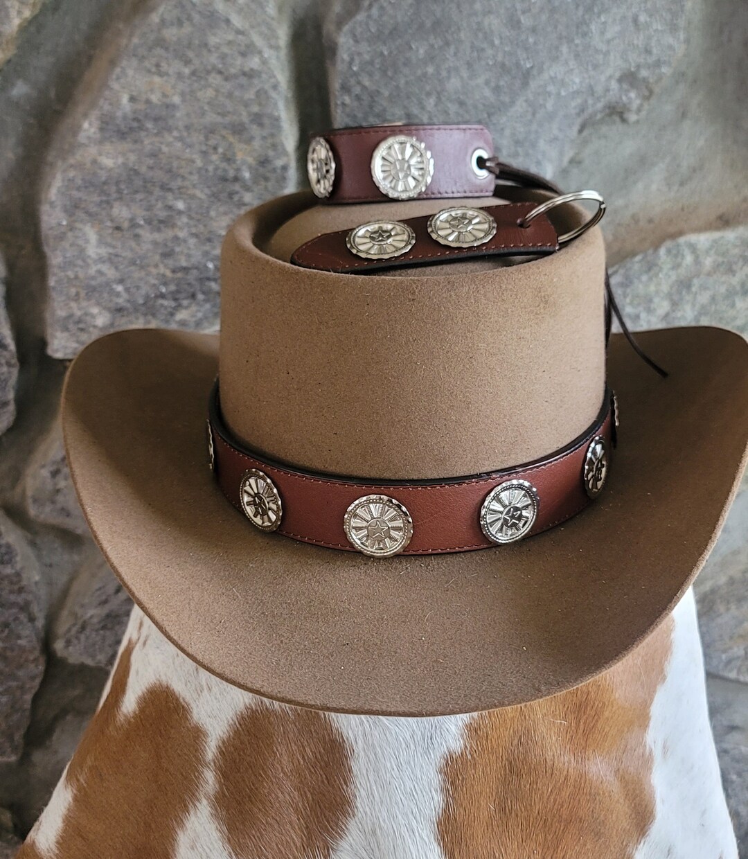Brown Genuine Leather and Silver Conchos Medallion Hatband Hat Band ...