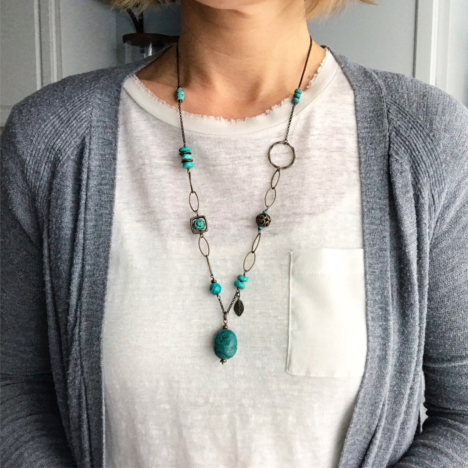 Long Turquoise and Antique Chain Necklace Long Layering Statement ...
