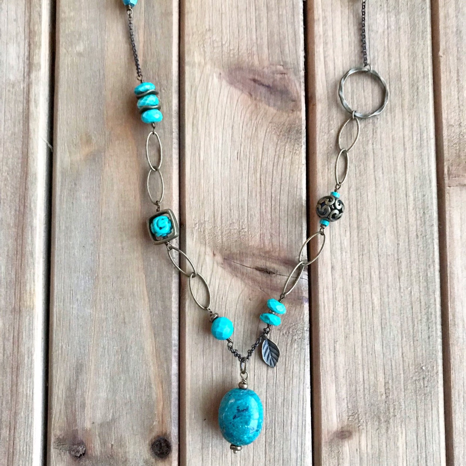 Long Turquoise and Antique Chain Necklace Long Layering | Etsy