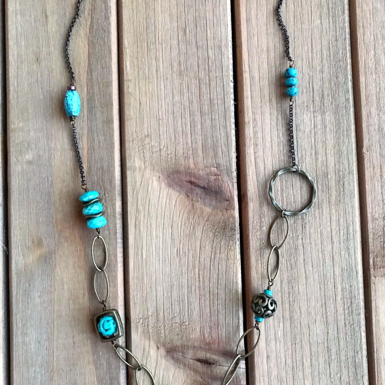 Long Turquoise and Antique Chain Necklace Long Layering - Etsy