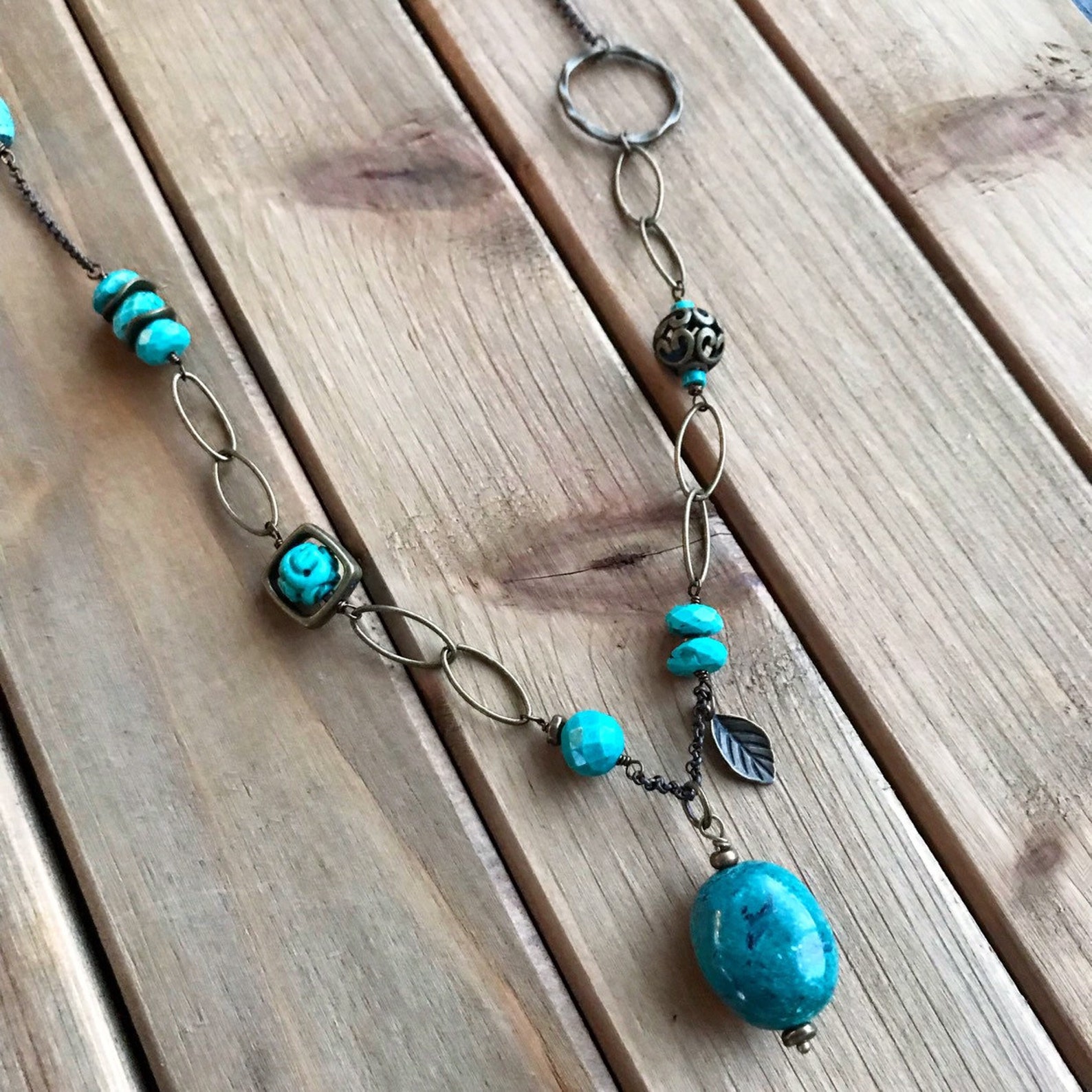 Long Turquoise and Antique Chain Necklace Long Layering Statement ...