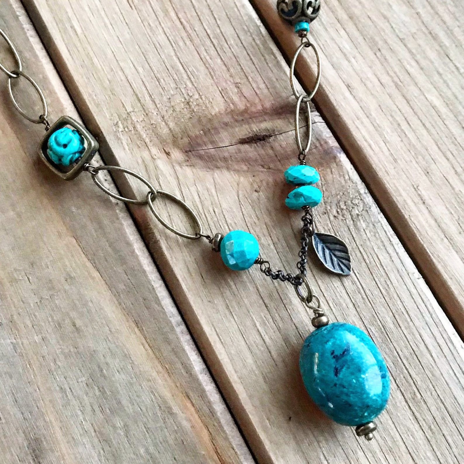 Long Turquoise and Antique Chain Necklace Long Layering Statement ...