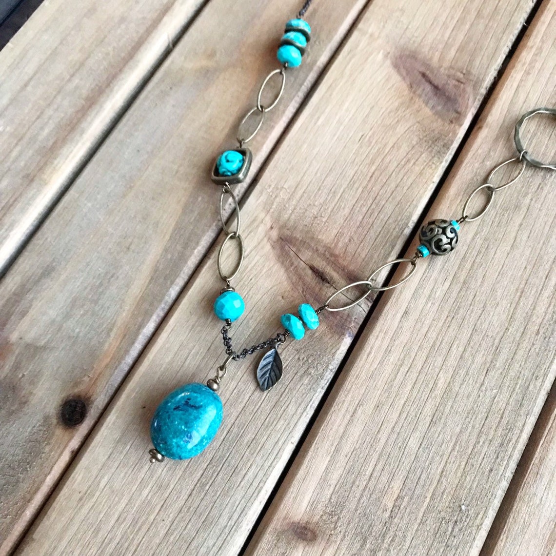 Long Turquoise and Antique Chain Necklace Long Layering - Etsy
