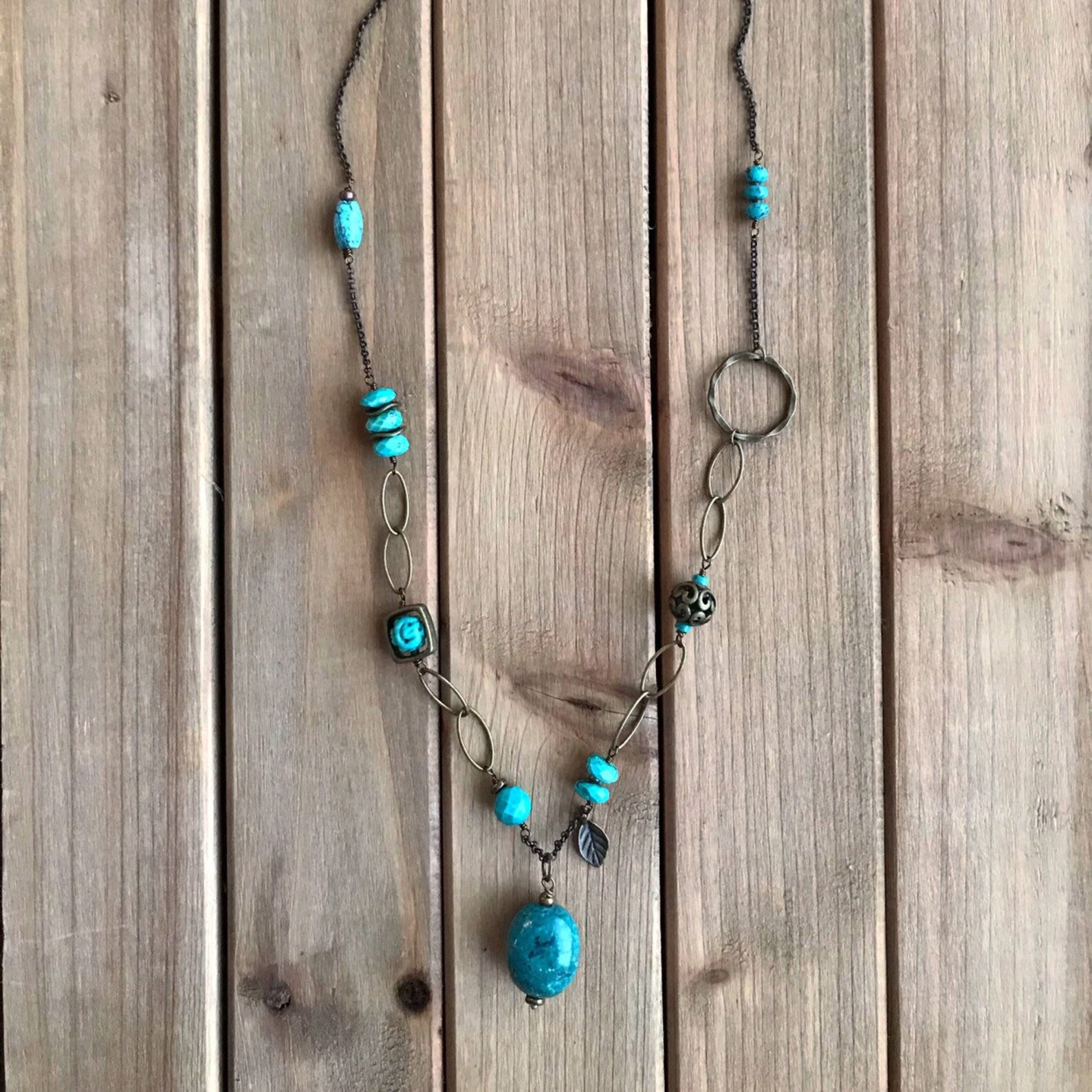 Long Turquoise and Antique Chain Necklace Long Layering Statement ...
