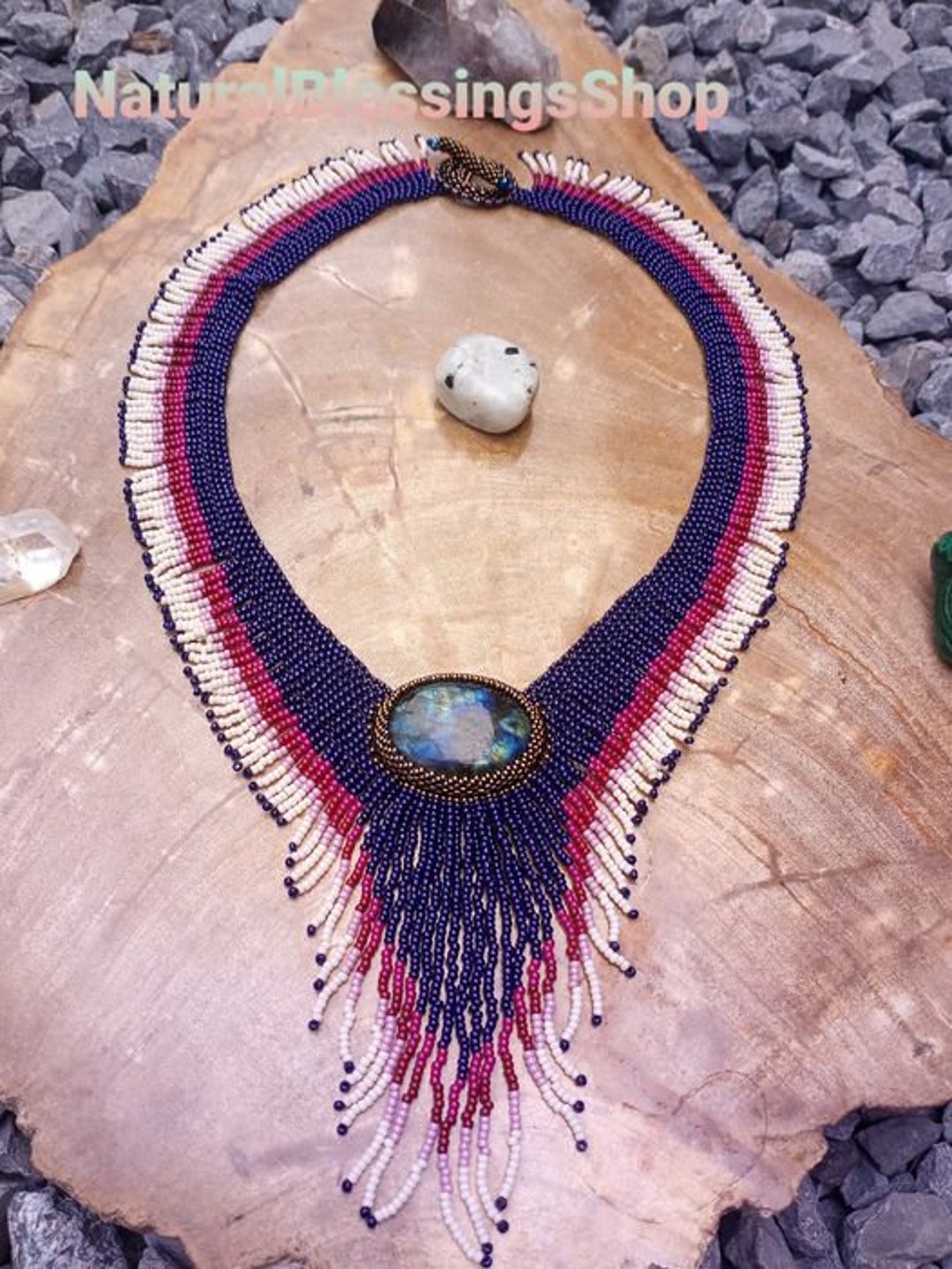Flashy Labradorite Beaded Fringe Necklace, Boho Necklace, Hand Stitched ...