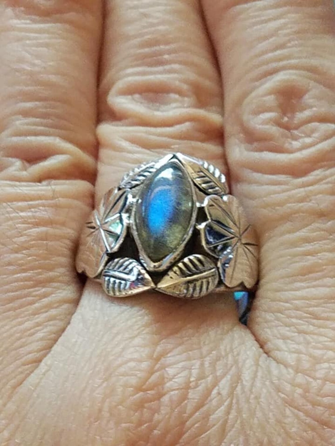 Labradorite Sterling Silver Ring Size 9, Flashy Labradorite Leaf Ring ...