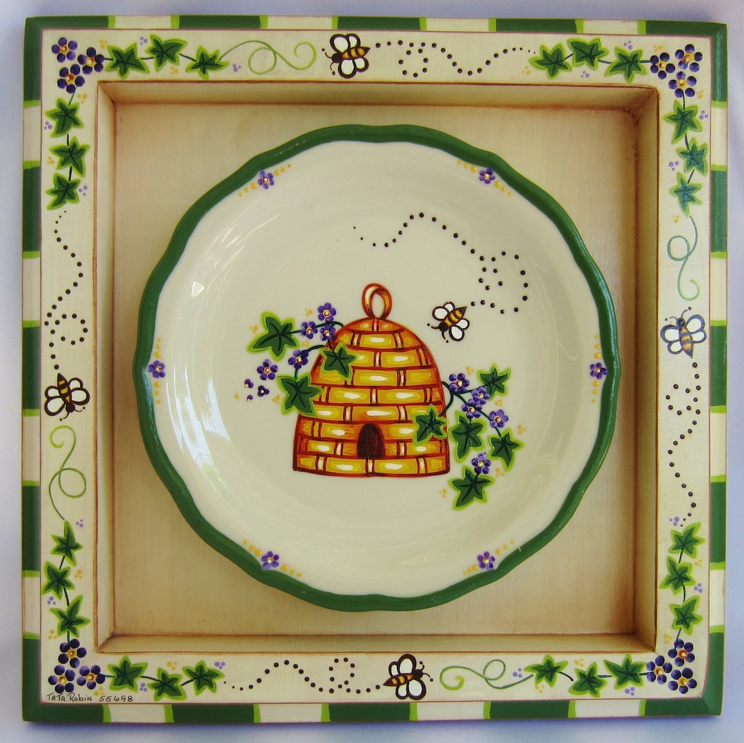 Vintage Hand Painted Beehive Plate in Wooden Frame, Home Decor - Etsy
