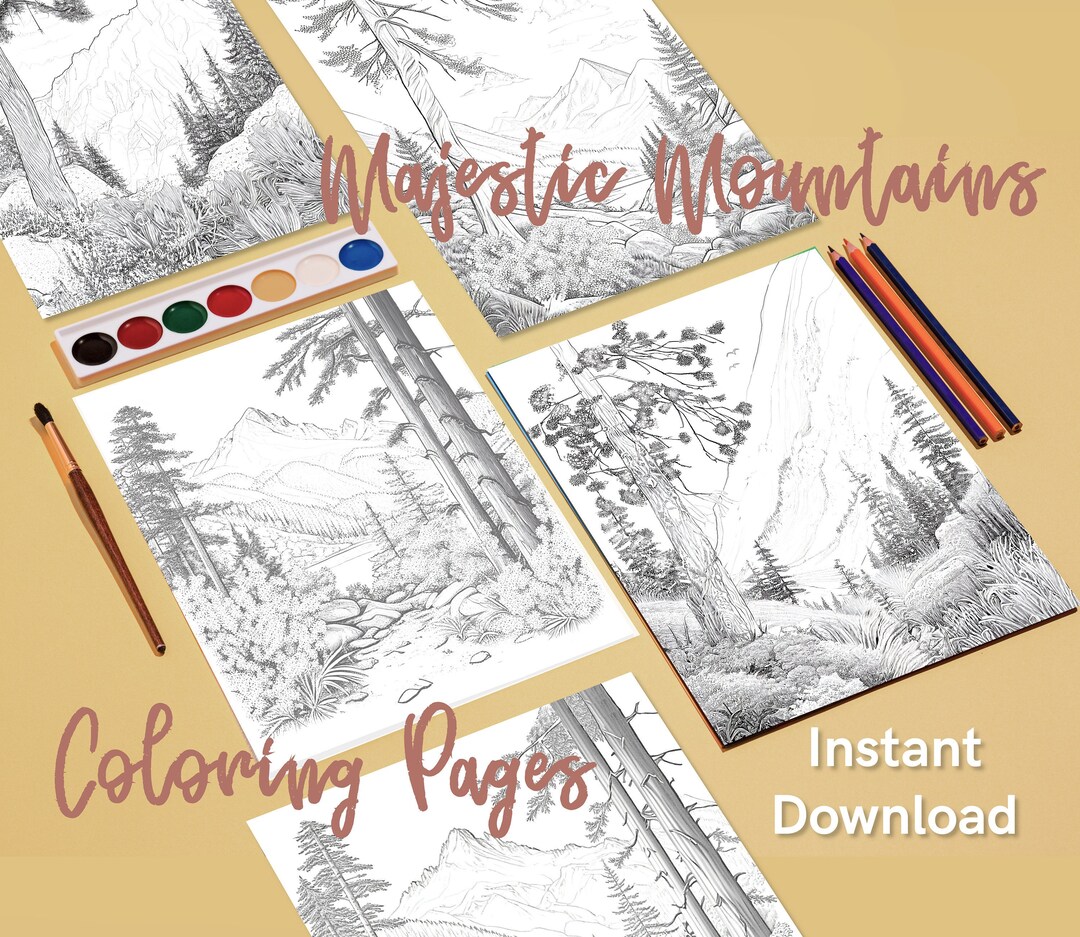 Printable Coloring Pages - Majestic Mountains - Instant Download - 5 ...