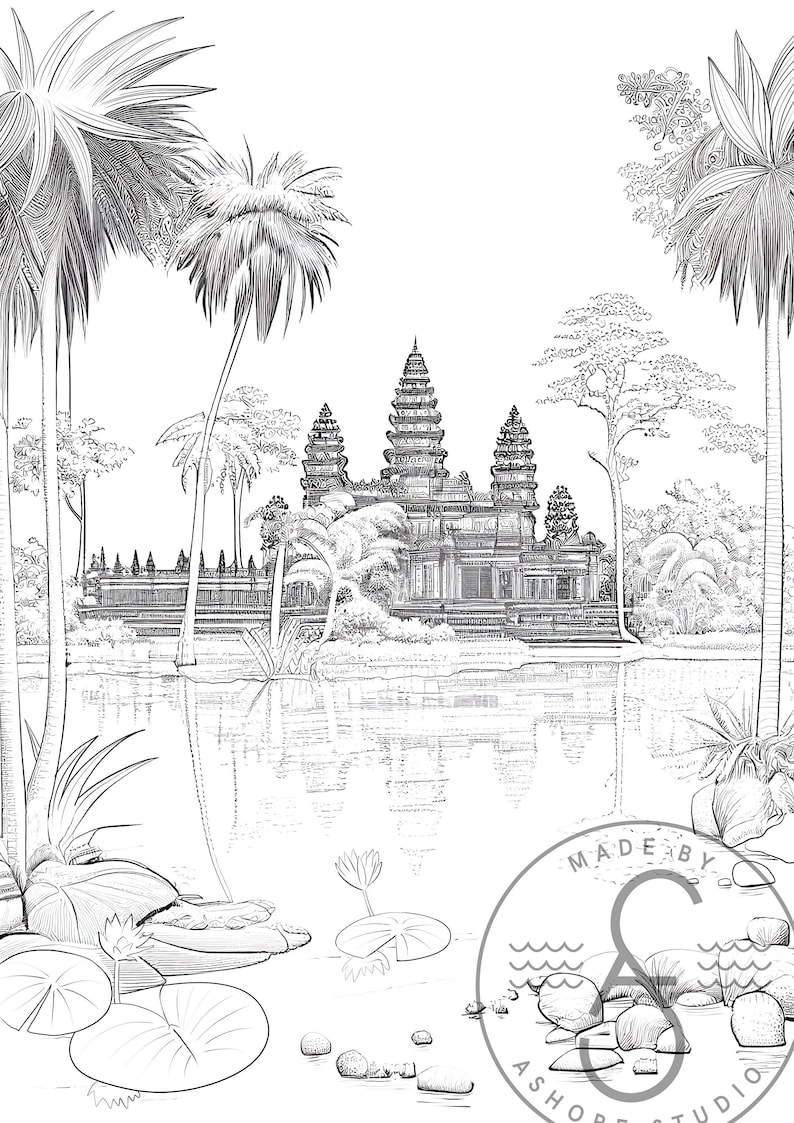 Printable Coloring Pages - Beautiful Temples Landscapes - Instant ...