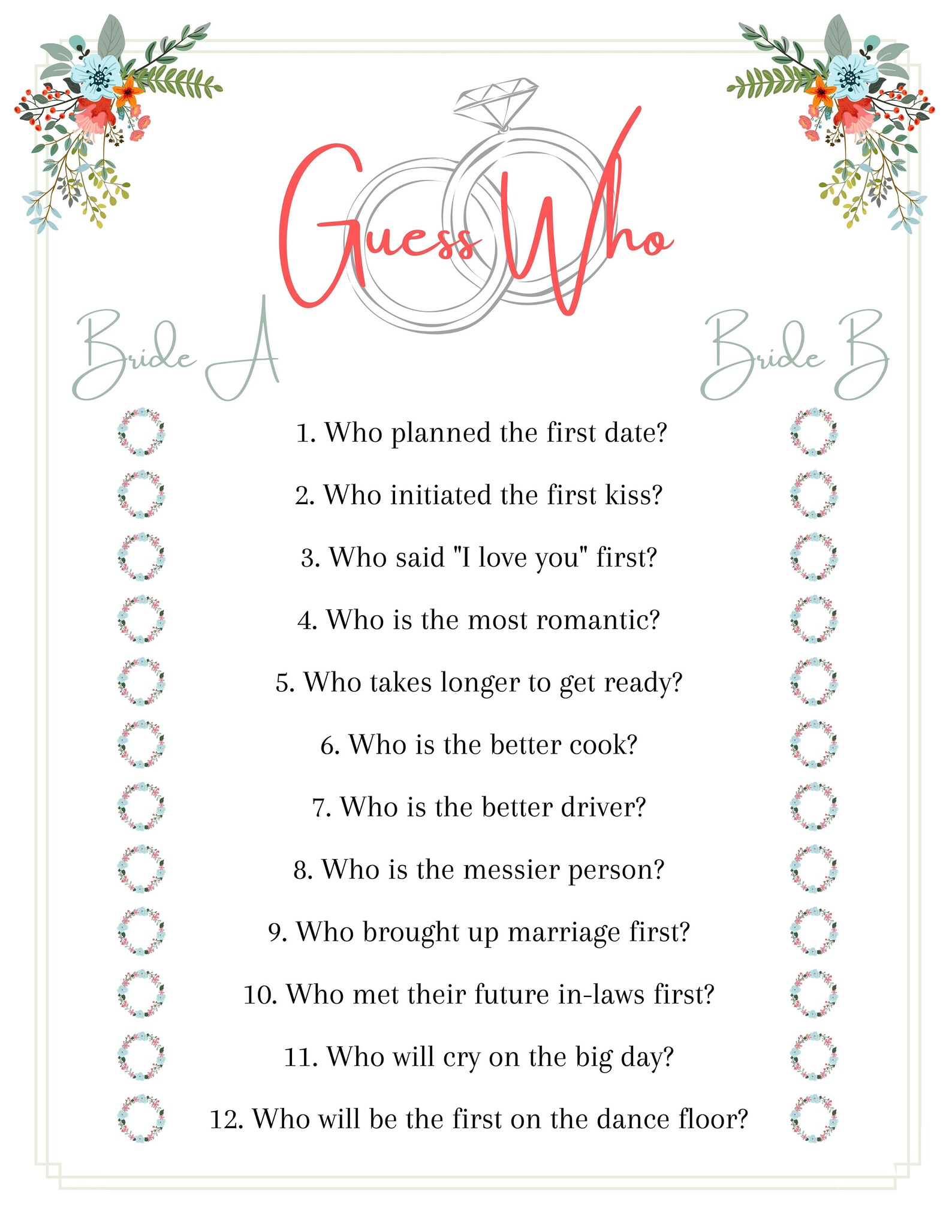 Same Sex Guess Who Bride Game She Said She Said Bridal Shower Games Bachelorette Party Game