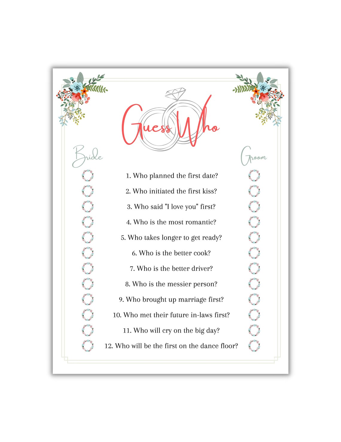 Guess Who Bride or Groom Game, She Said He Said, Bridal Shower Games ...