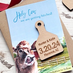 Cow Ear Tag Save the Date Magnet, Farm Wedding Invite, Wooden Save the ...