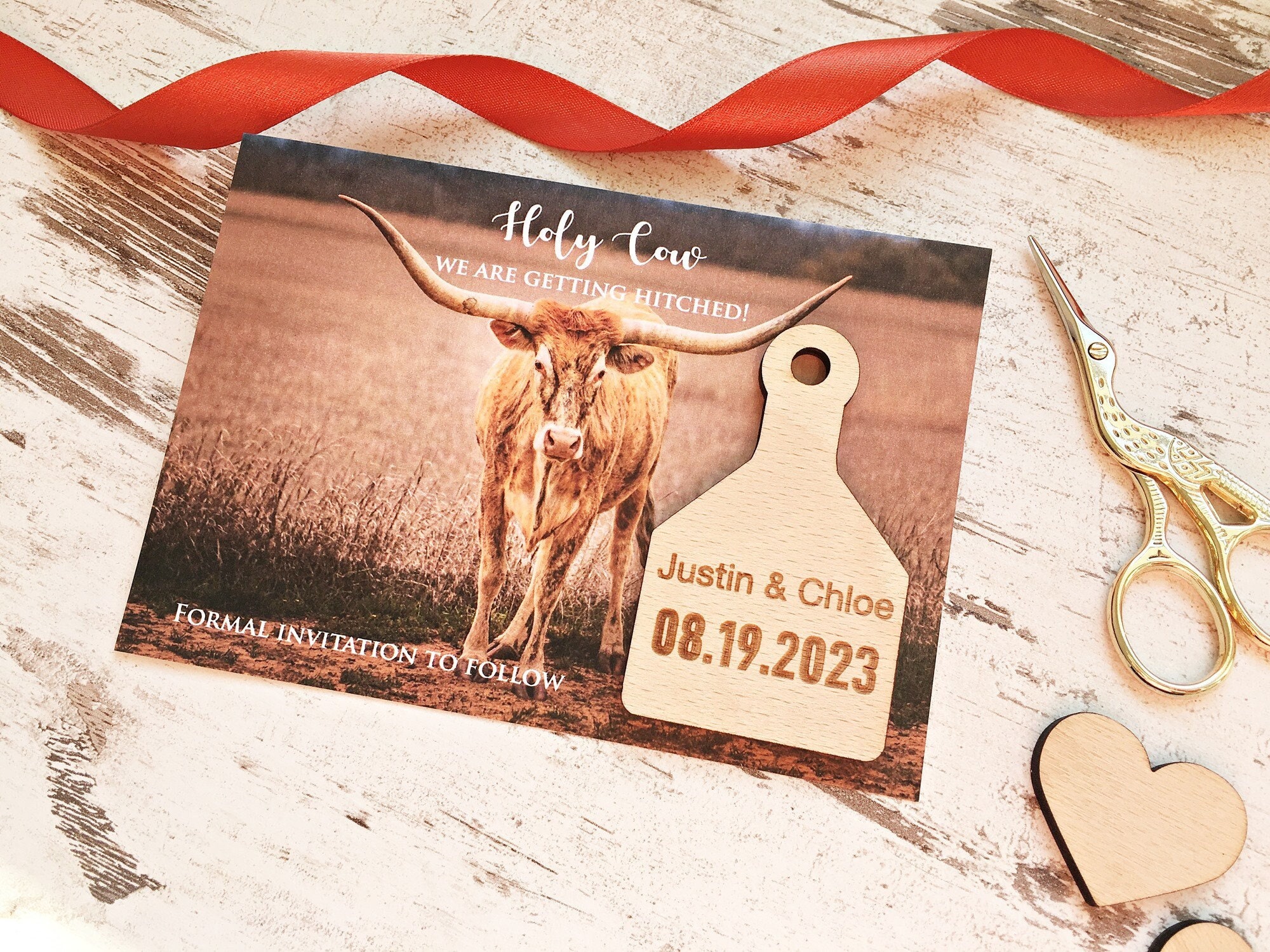 Wooden Cow Ear Tag Magnet With Texas Longhorn Cow Save the Date Card ...